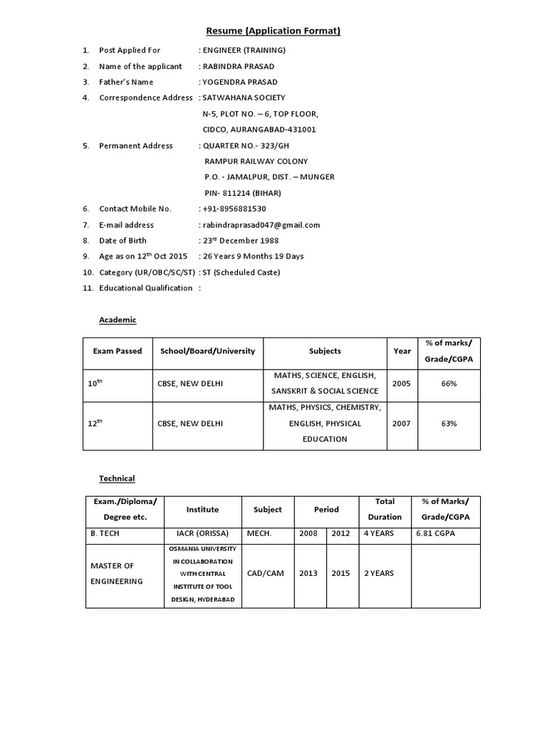 Resume (Application Format) : Academic % of Marks/ Grade/CGPA | PDF | Academia | Behavior ...