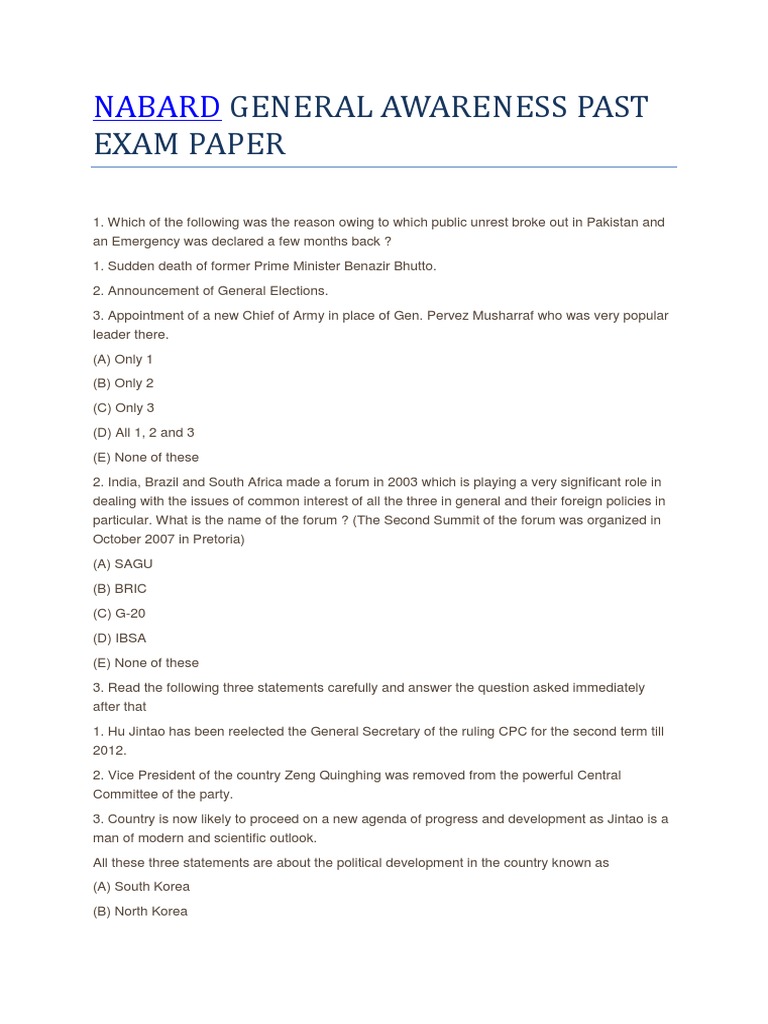 NABARD Grade A General Awareness Paper | PDF | Pervez Musharraf | Money