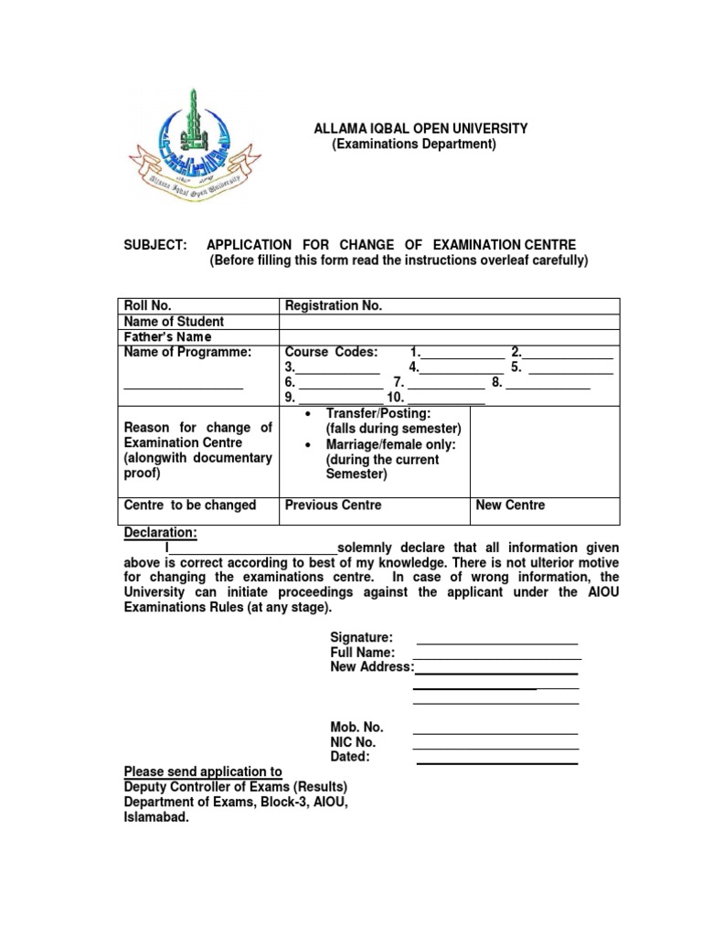 Change AIOU Exam Centre | PDF | University And College Admission | Test ...