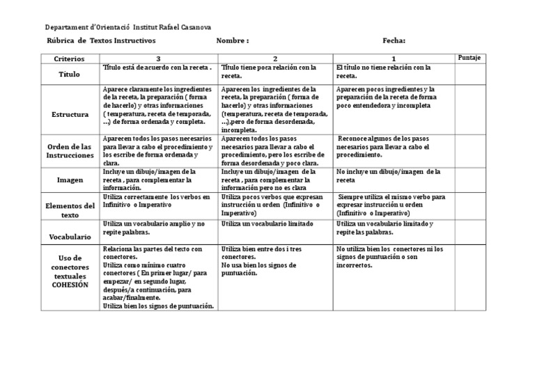 Rúbrica Texto Instructivo