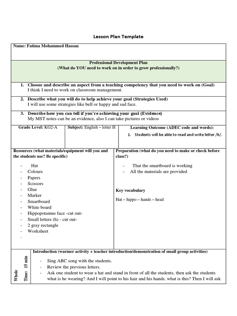 Letter H Lesson Plan | PDF | Lesson Plan | Education Theory