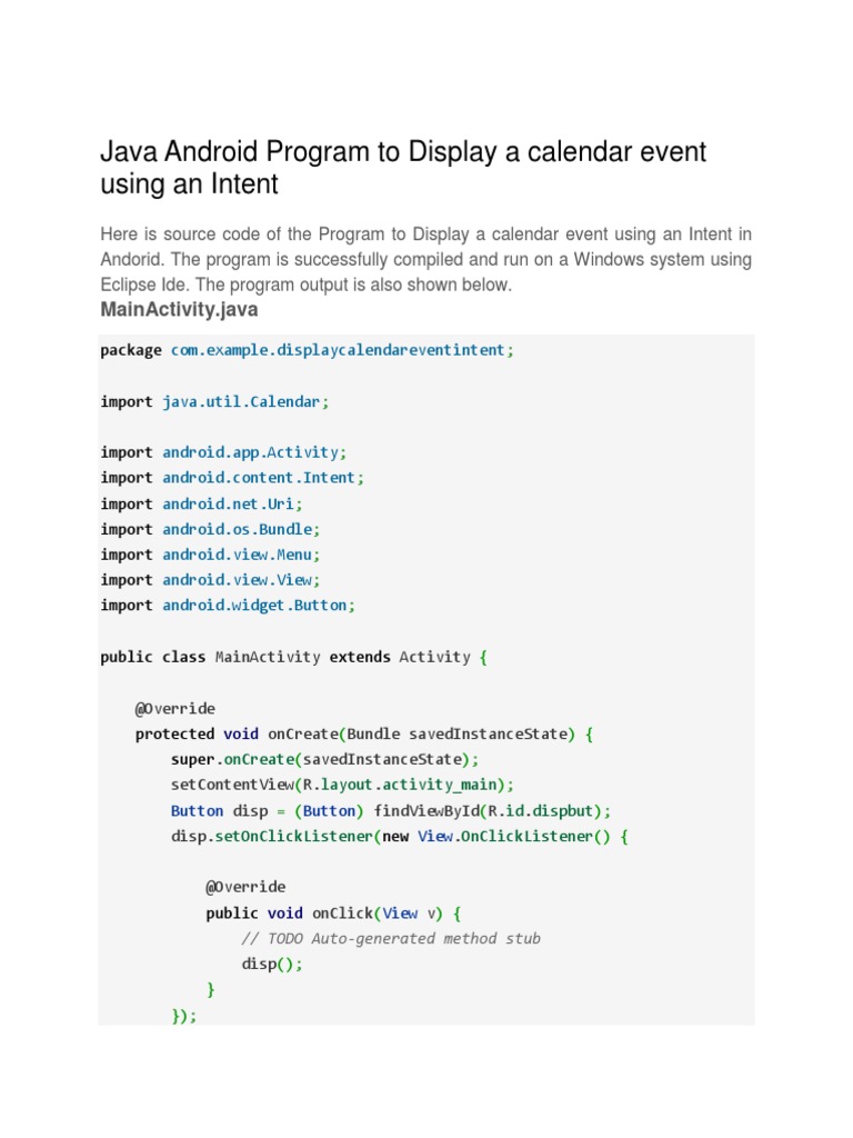 Java Android Program To Display A Calendar Event Using An Intent ...