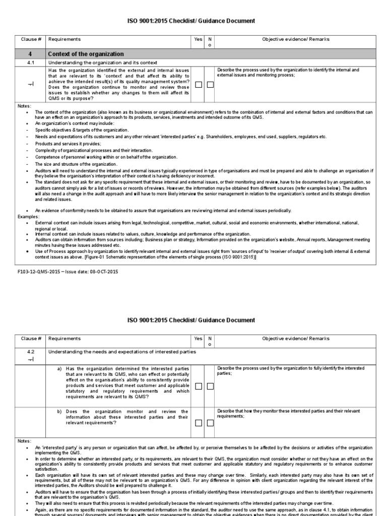 ISO 9001 2015 Checklist Guidance | PDF | Iso 9000 | Quality Management ...