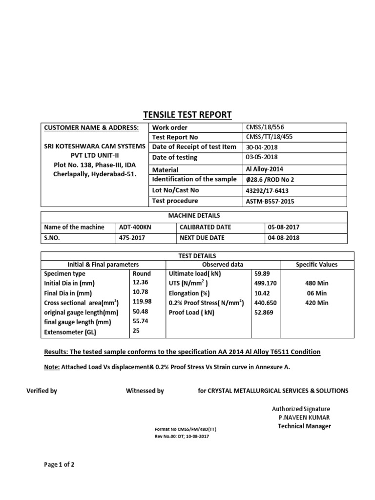 Tensile Test Report: CMSS/18/556 CMSS/TT/18/455 30-04-2018 03-05-2018 ...
