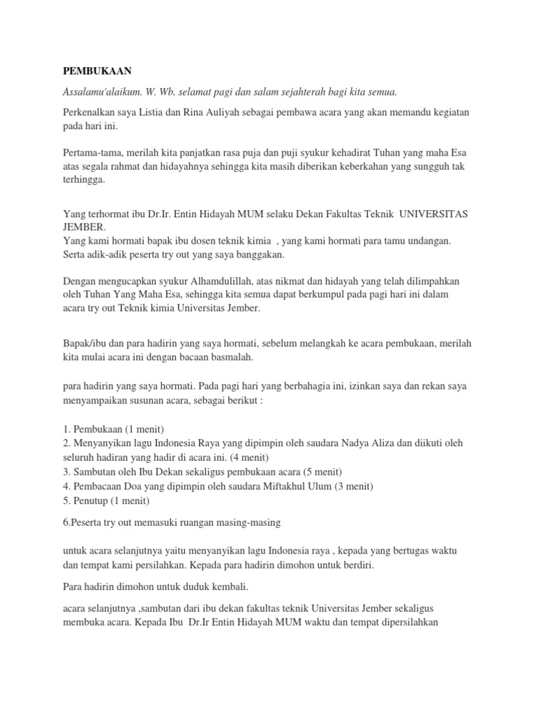 Teks MC Acara Try Out Teknik Kimia | PDF