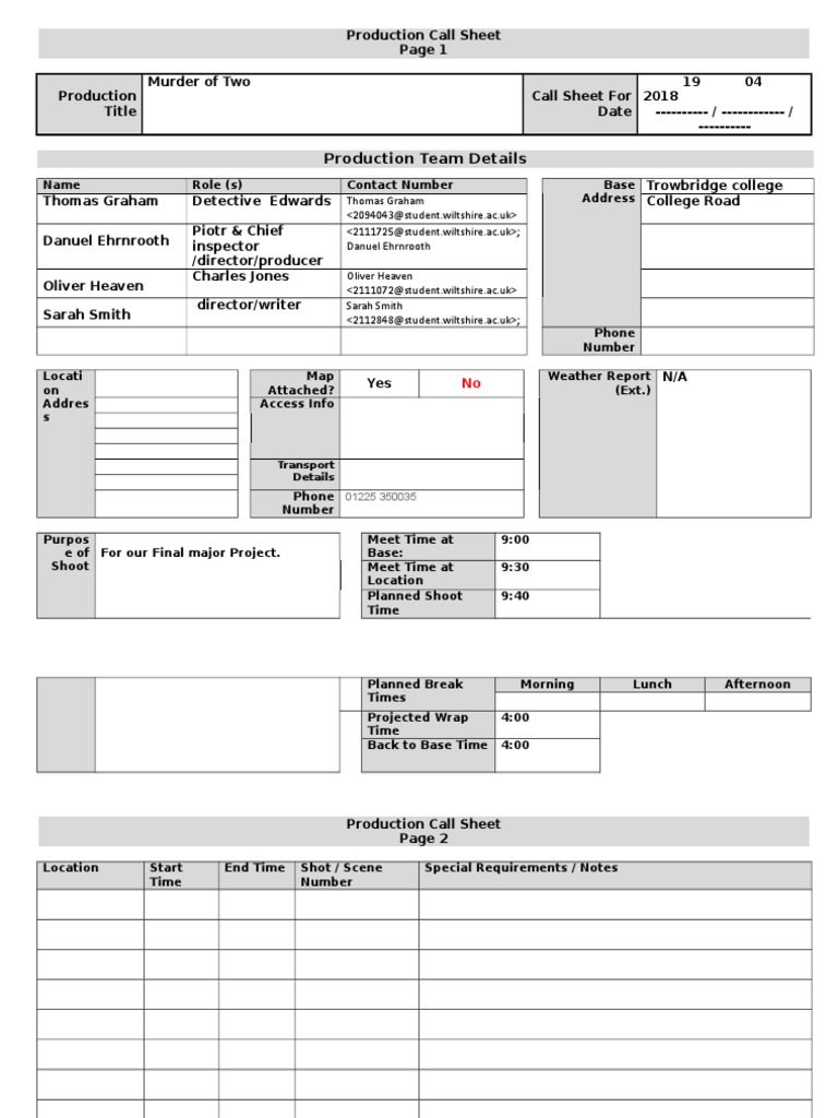 Production Call Sheet | PDF | Violence | Leisure