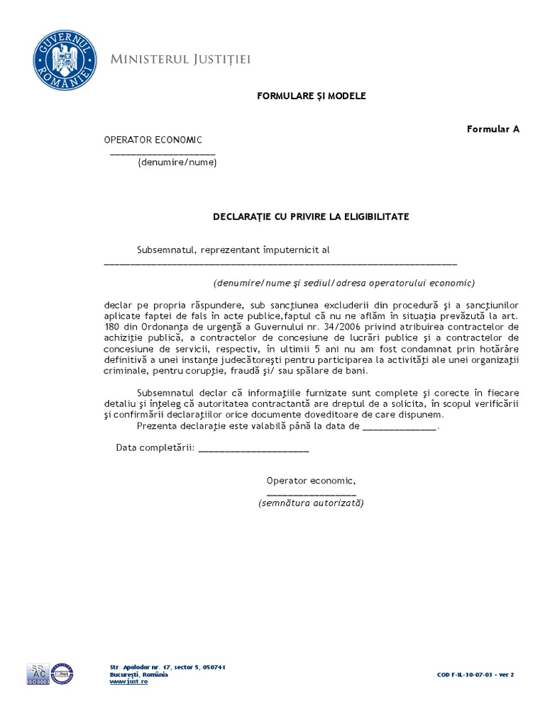 Formulare Şi Modele: (Denumire/nume Şi Sediul/adresa Operatorului ...