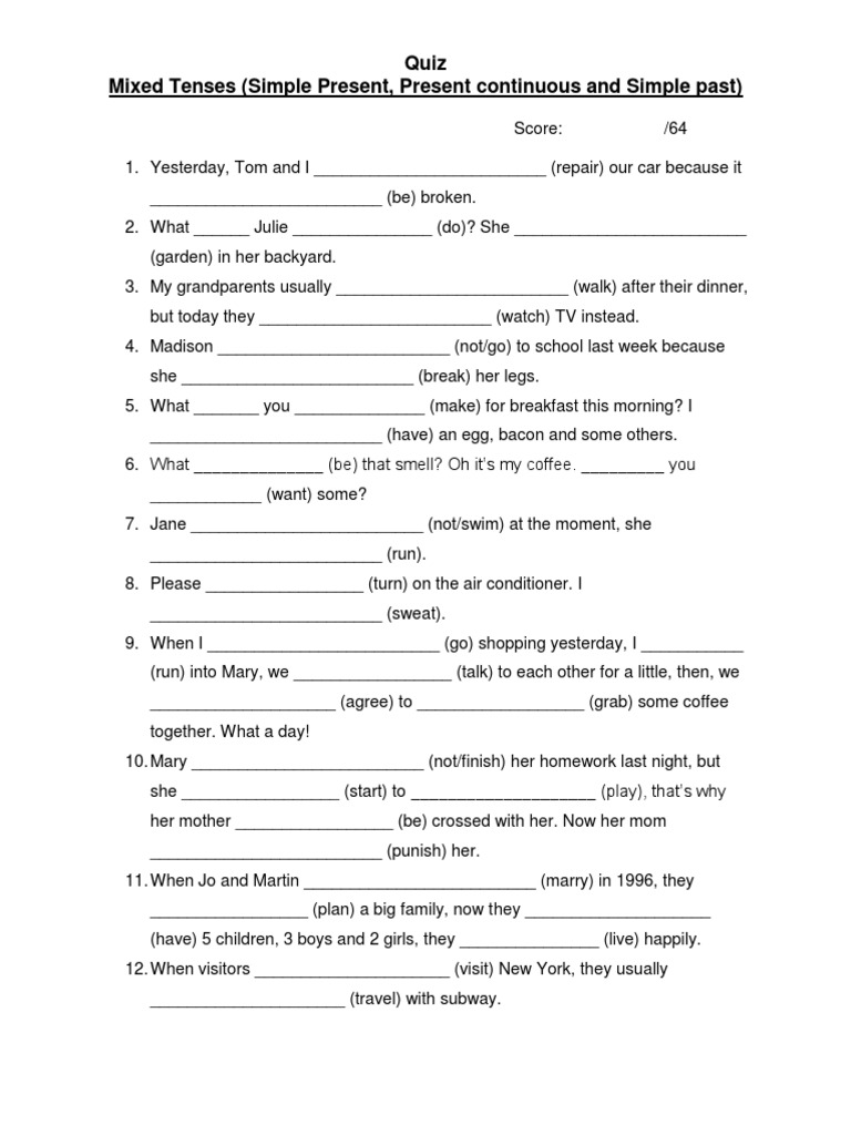 Quiz Mixed Tenses (Simple Present, Present Continuous and Simple Past ...