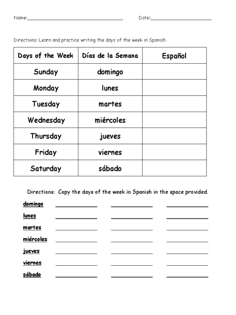 Days Of The Week In Spanish Printables