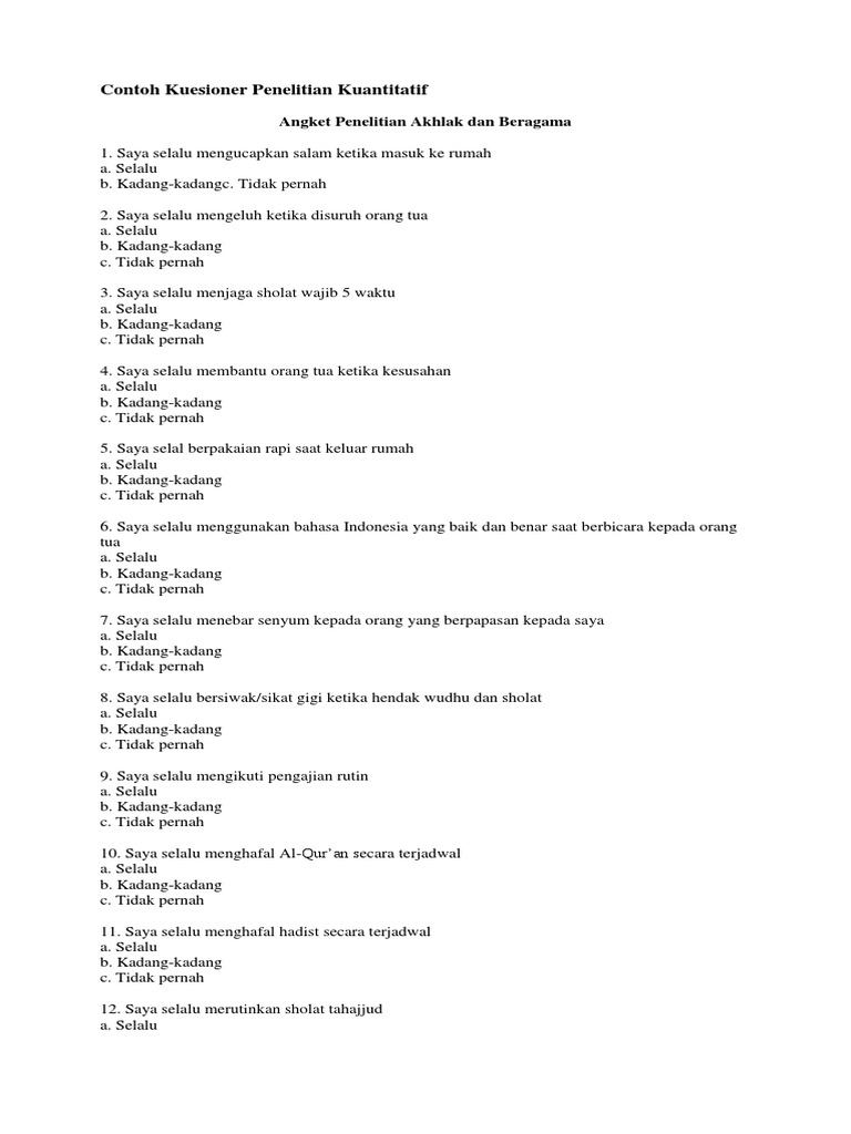 Contoh Kuesioner Penelitian Kuantitatif | PDF