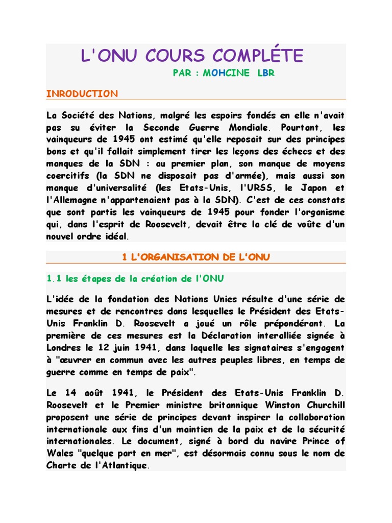 Cours complet sur l'ONU en terminale | PDF | Nations unies | Relations ...