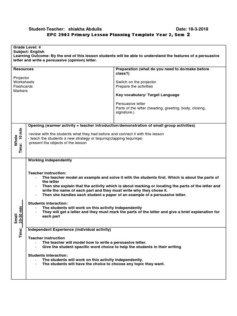 Grade 4 English Persuasive Letter Lesson | PDF | Lesson Plan | Teachers