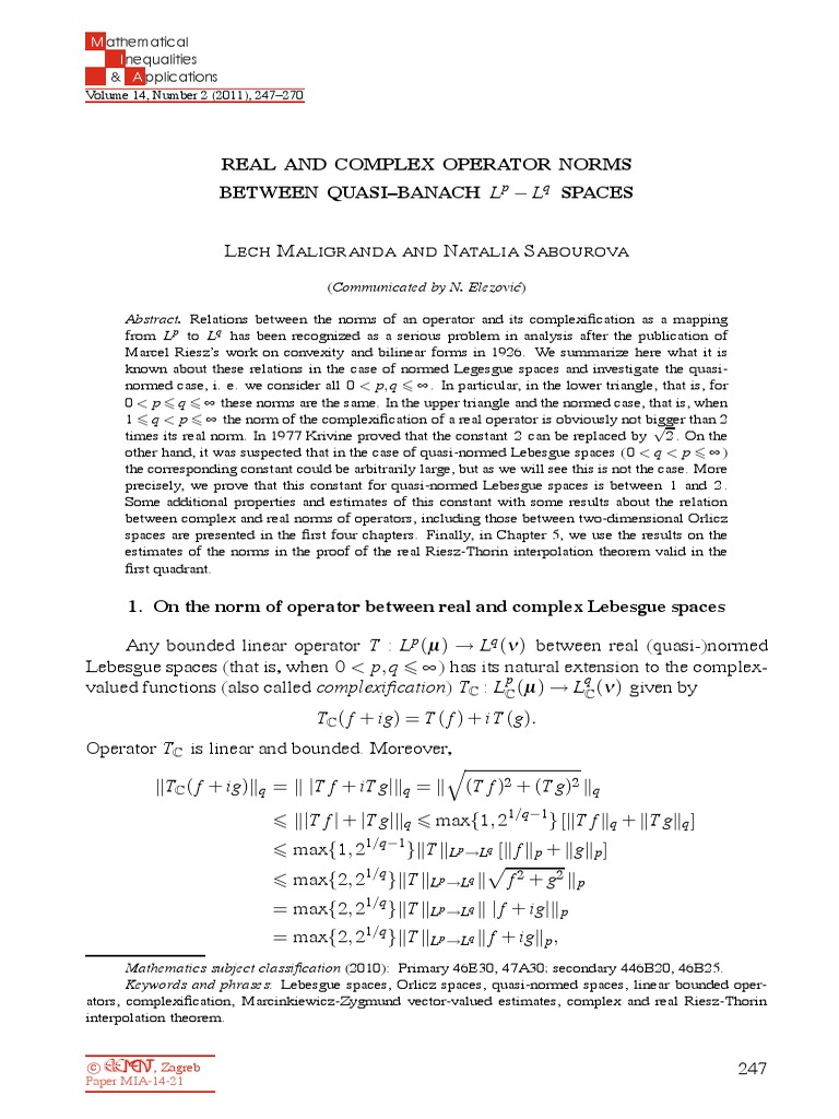 Real and Complex Operator Norms Between Quasi-Banach L Spaces | PDF | Norm (Mathematics) | Space