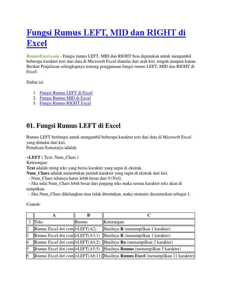 Fungsi Rumus LEFT, MID Dan RIGHT Di Excel | PDF Fungsi Rumus LEFT, MID Dan RIGHT Di Excel | PDF