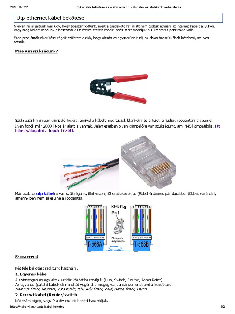 Utp Kábelek Bekötése És A Színsorrend | PDF