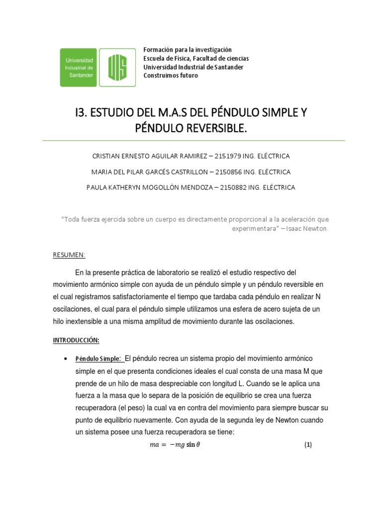 Informe I3 | PDF | Péndulo | Movimiento (física)