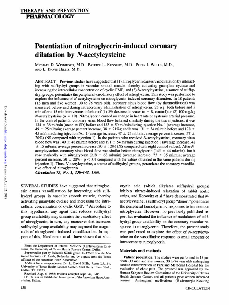 Potentiation Nitroglycerin-Induced Dilatation by N-Acetylcysteine | PDF | Coronary Circulation ...