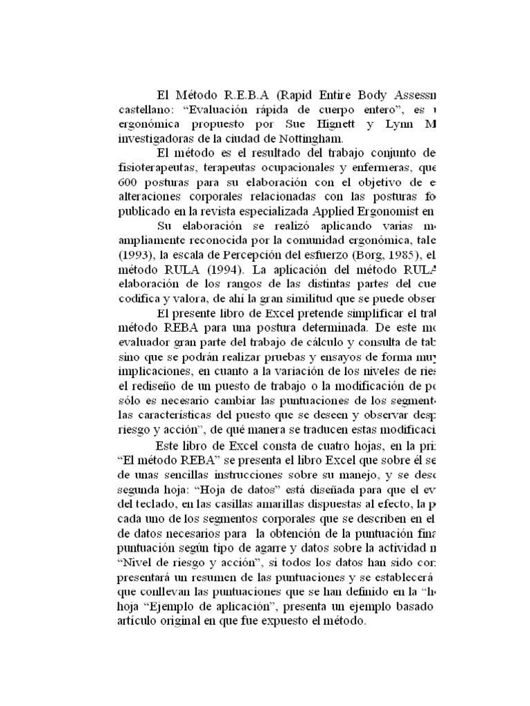 Excel MÉTODO REBA Camarero Teoria | PDF