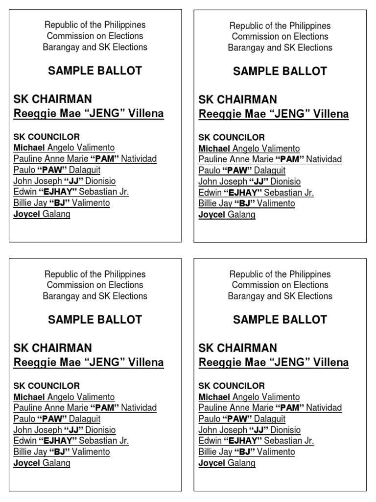 Sample Ballot SK Chairman Reeggie Mae "JENG" Villena Sample Ballot SK ...