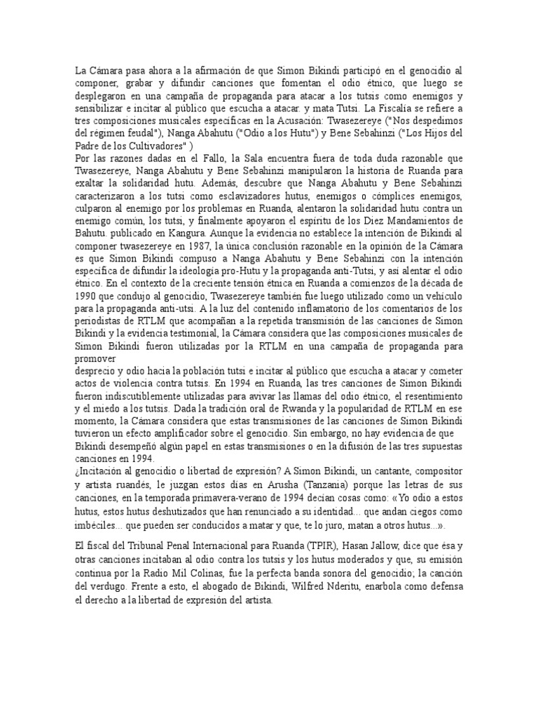 Fallo Simon Bikindi Resumen | PDF | Rwanda | Genocides