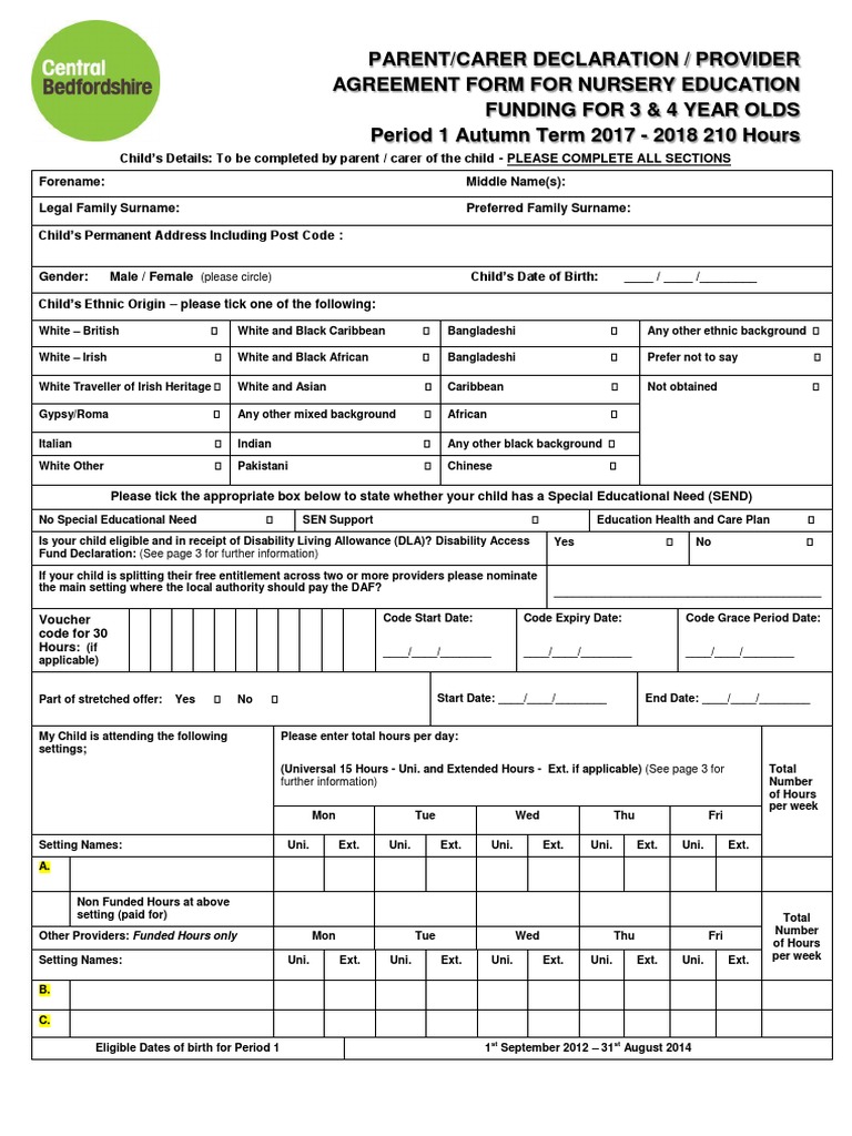 3 4 Year Old Funding Declaration Autumn 2017 2 Tcm3 17165 | PDF | Child ...