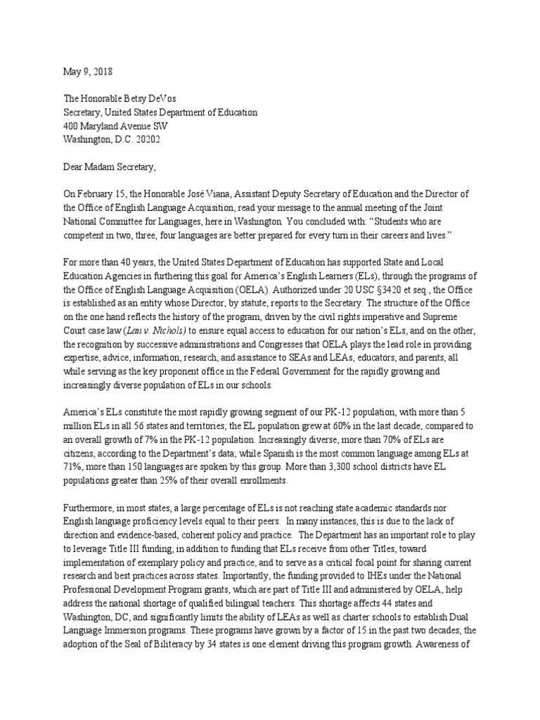 DeVos OELA Reorganization Coalition Letter | Behavior Modification ...