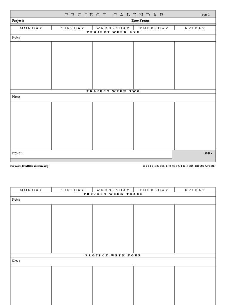 Project Calendar: Monday Tuesday Wednesday Thursday Friday Notes | PDF ...
