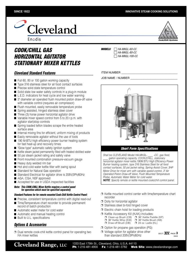 Cook/Chill Gas Horizontal Agitator Stationary Mixer Kettles: Cleveland ...