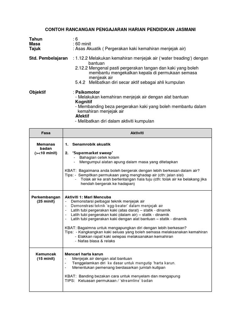 Contoh Rancangan Pengajaran Harian Pendidikan Jasmani Tahun Masa Tajuk ...