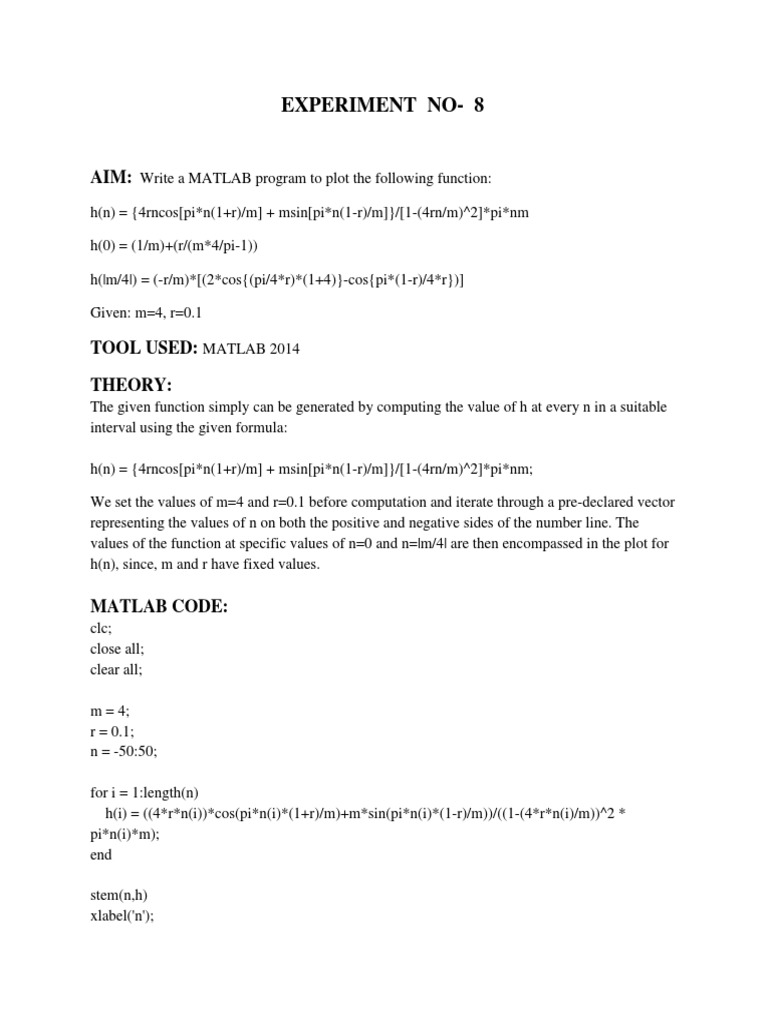 Experiment No-8: Write A MATLAB Program To Plot The Following Function ...