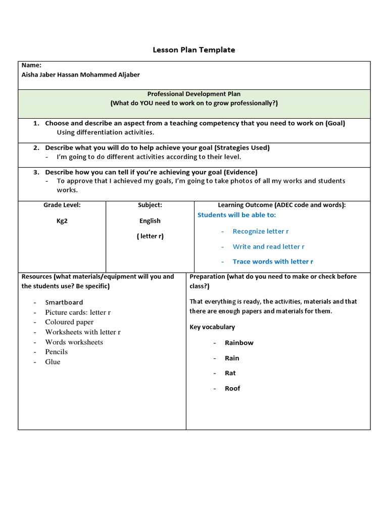 Lesson Plan Template - Letter R | PDF | Lesson Plan | Applied Psychology