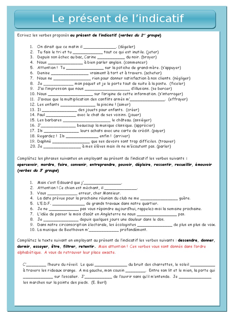 Present de Lindicatif Feuille Dexercices | PDF | Théorie (échecs) | Échecs