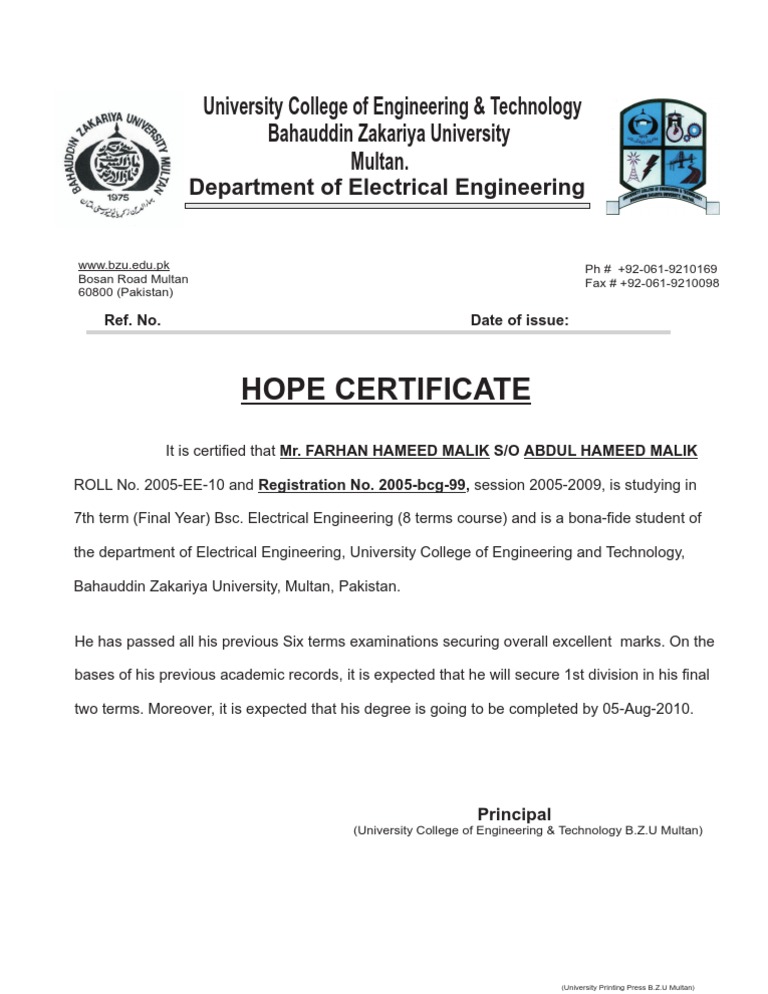 BZU UCE&T Hope Certificate for Electrical Engineering Student | PDF
