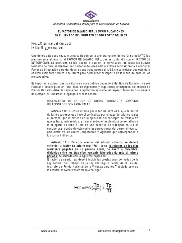El FSR y Sus Implicaciones Dentro Del Formato de Obra Satic Del Imss ...