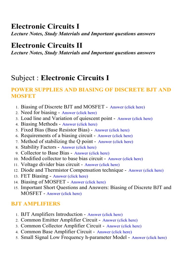 Electronic Circuits I, II - Lecture Notes, Study Materials and ...