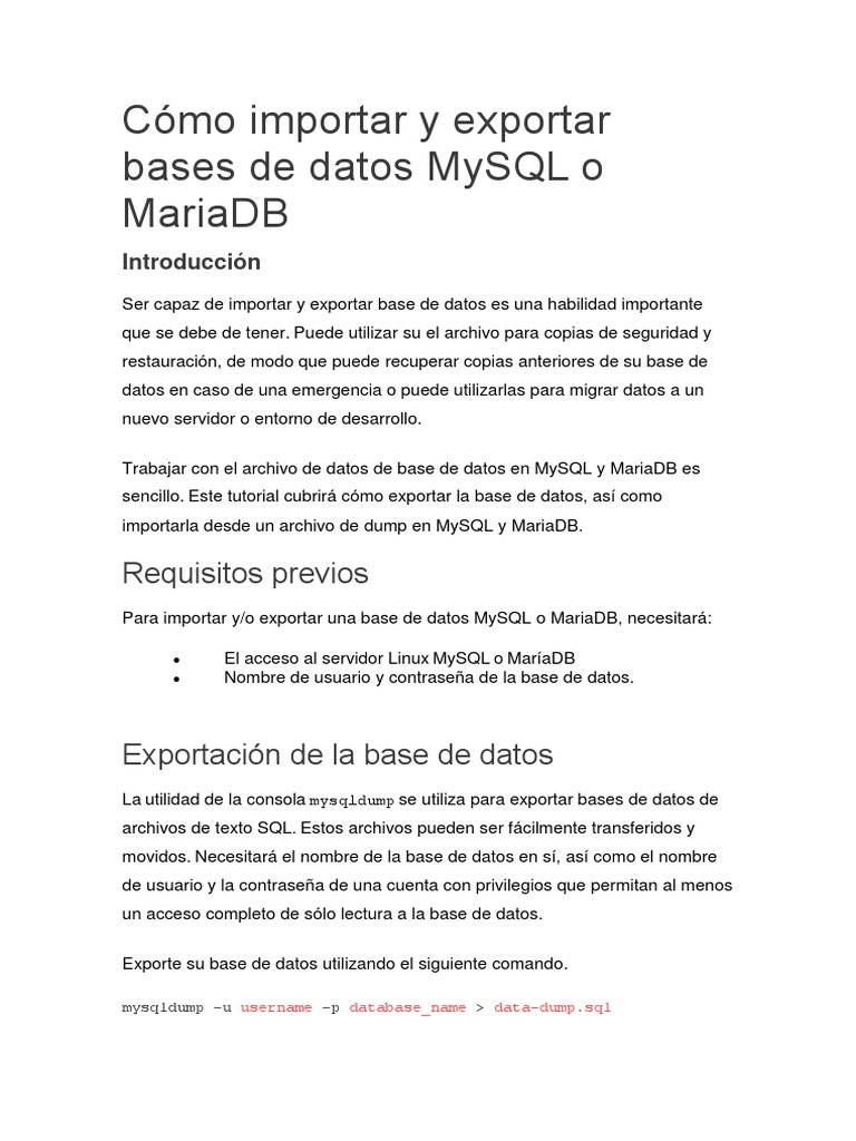 Cómo Importar y Exportar Bases de Datos MySQL o MariaDB | PDF | Mi sql | Archivo de computadora