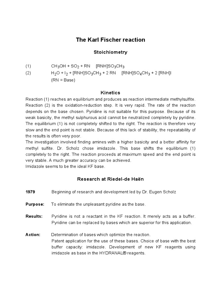 The Karl Fischer Reaction: Stoichiometry | PDF | Titration | Chemistry