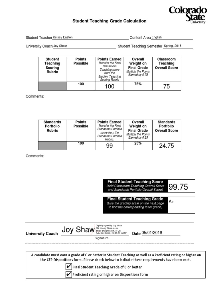 Joy Shaw: Student Teaching Grade Calculation | PDF | Grading (Education ...