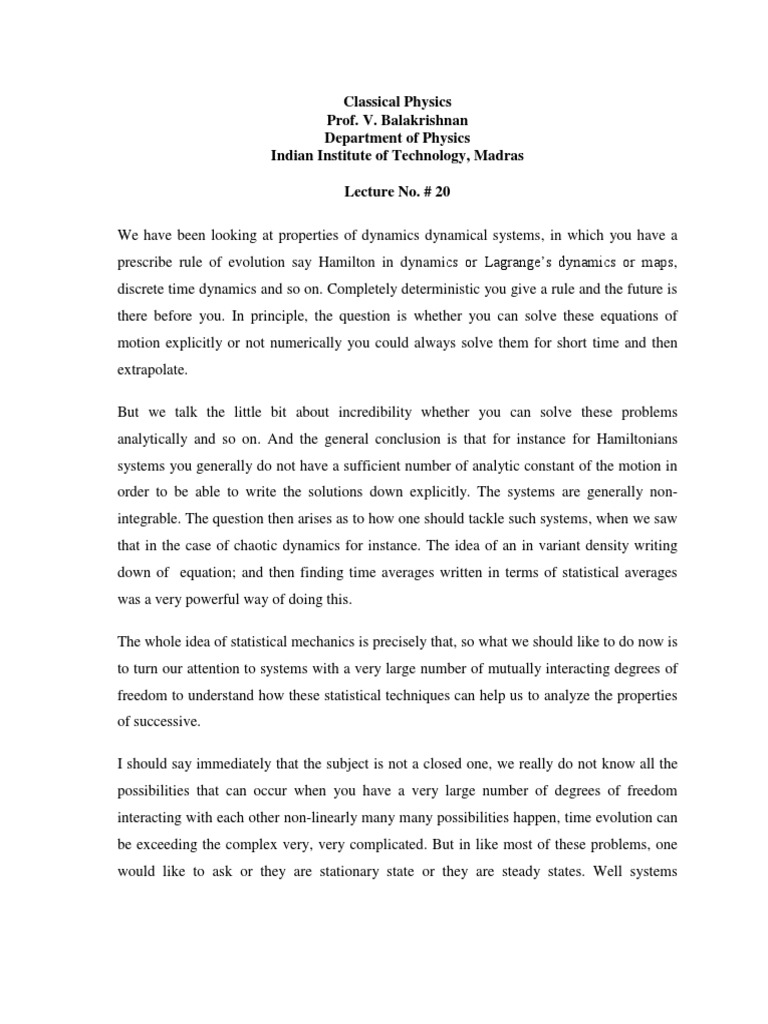 Classical Physics Prof. V. Balakrishnan Department of Physics Indian ...