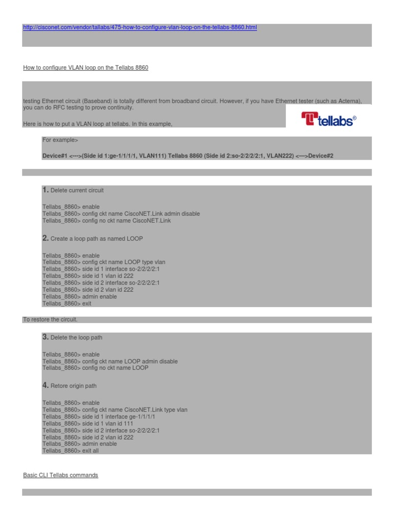 How To Configure VLAN Loop On The Tellabs 8860 | PDF | Command Line ...