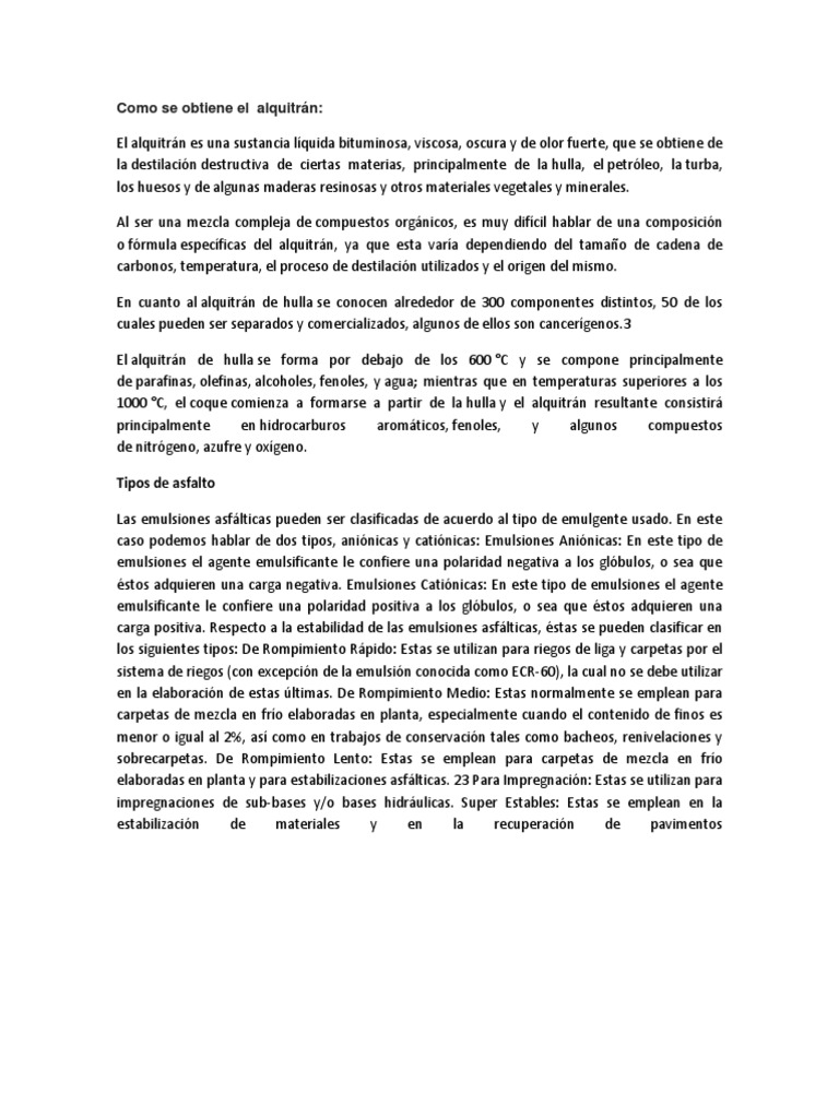 Como Se Obtiene El Alquitrán | Sustancias químicas | Química