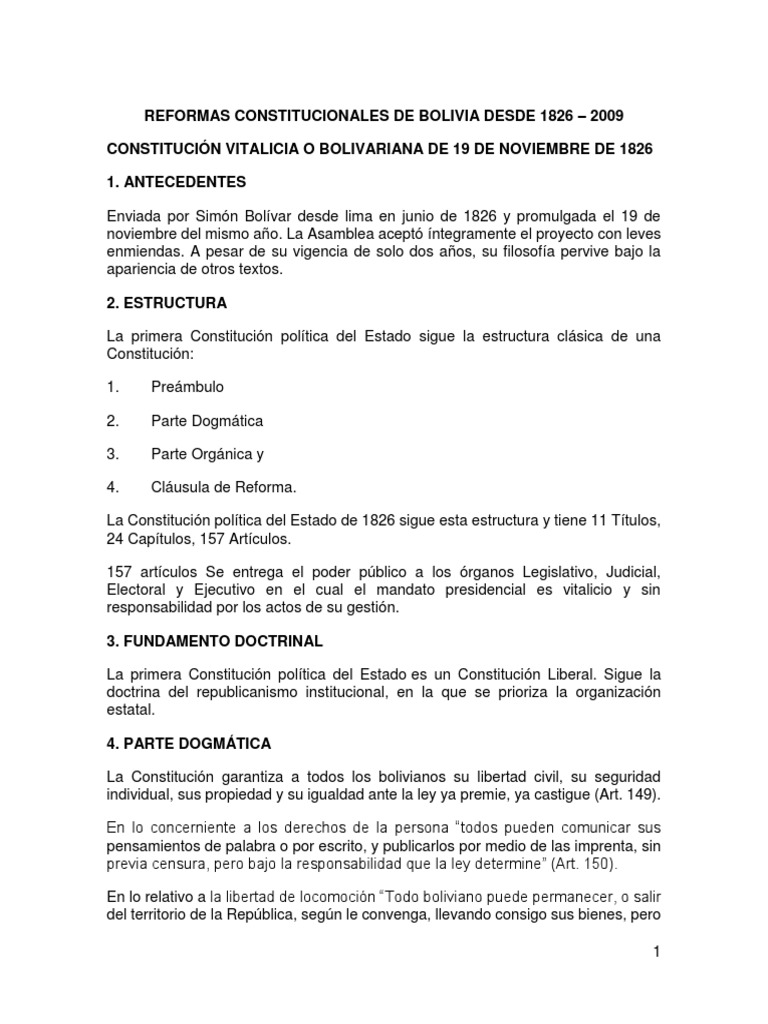 Reformas Constitucionales de Bolivia Desde 1826 A 2009 | PDF | Derecho ...