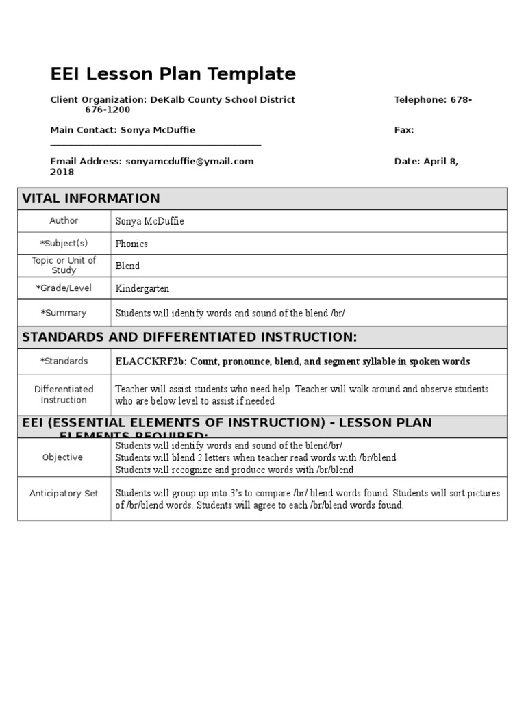 EEI Lesson Plan Template: Vital Information | PDF | Lesson Plan | Teachers