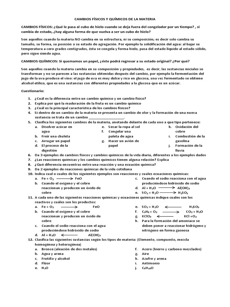 Taller Cambios Físicos y Químicos de La Materia | PDF | Hidrógeno | Hierro