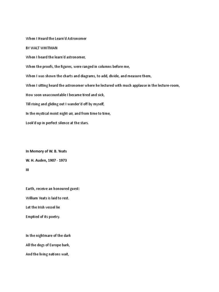 In Memory of W. B. Yeats W. H. Auden, 1907 - 1973 III | PDF | Poetry
