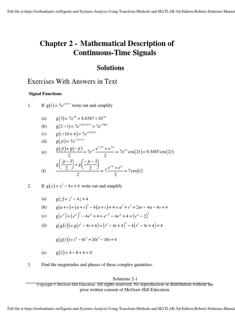 Signals and Systems Analysis Using Transform Methods and MATLAB 3rd Edition Roberts Solutions ...