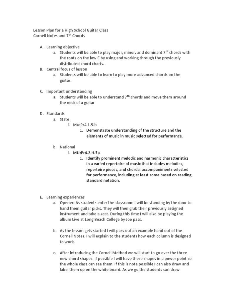 Lesson Plan For A High School Guitar Class | PDF | Chord (Music ...