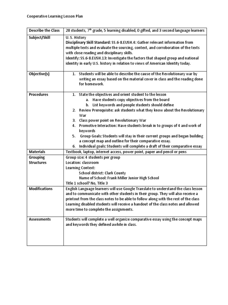 Cooperative Learning Lesson Plan Edu 220 | PDF | Lesson Plan | Homework