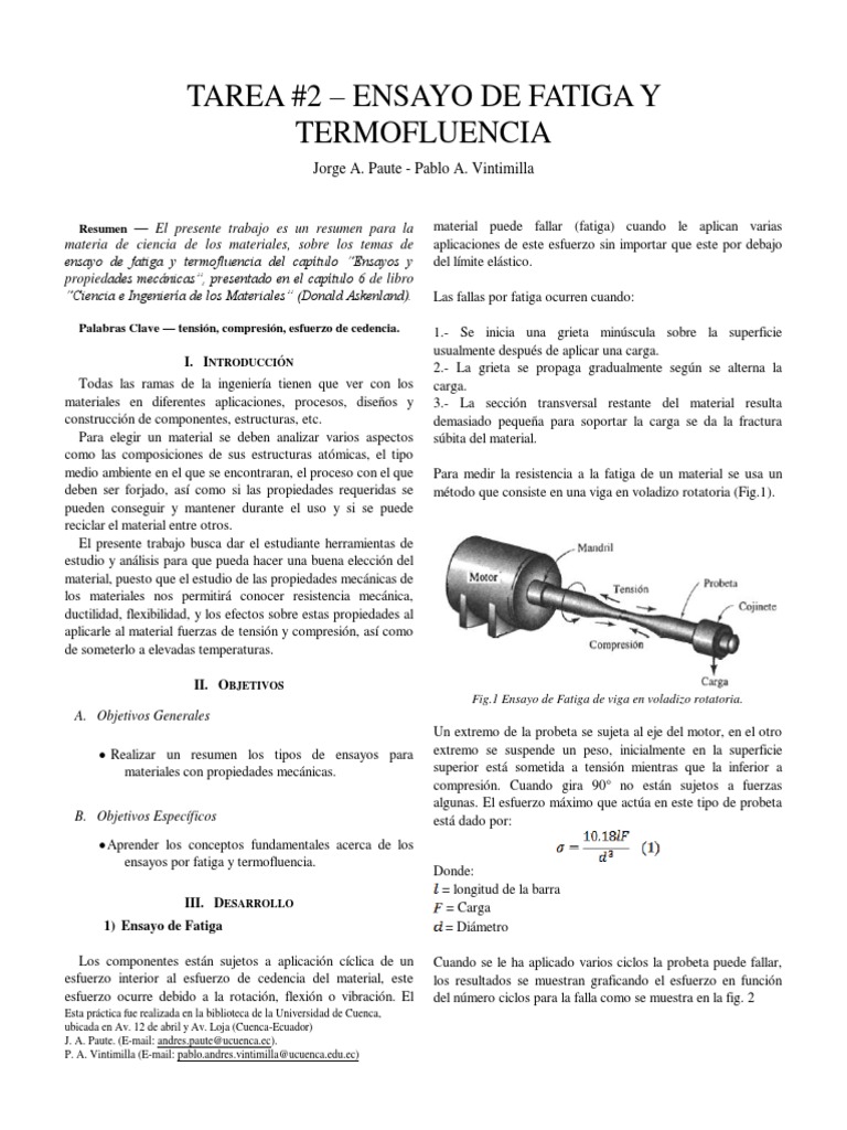Tare2 Ensayo Fatiga y Termofluencia | PDF | Fatiga (material) | Ingeniería mecánica