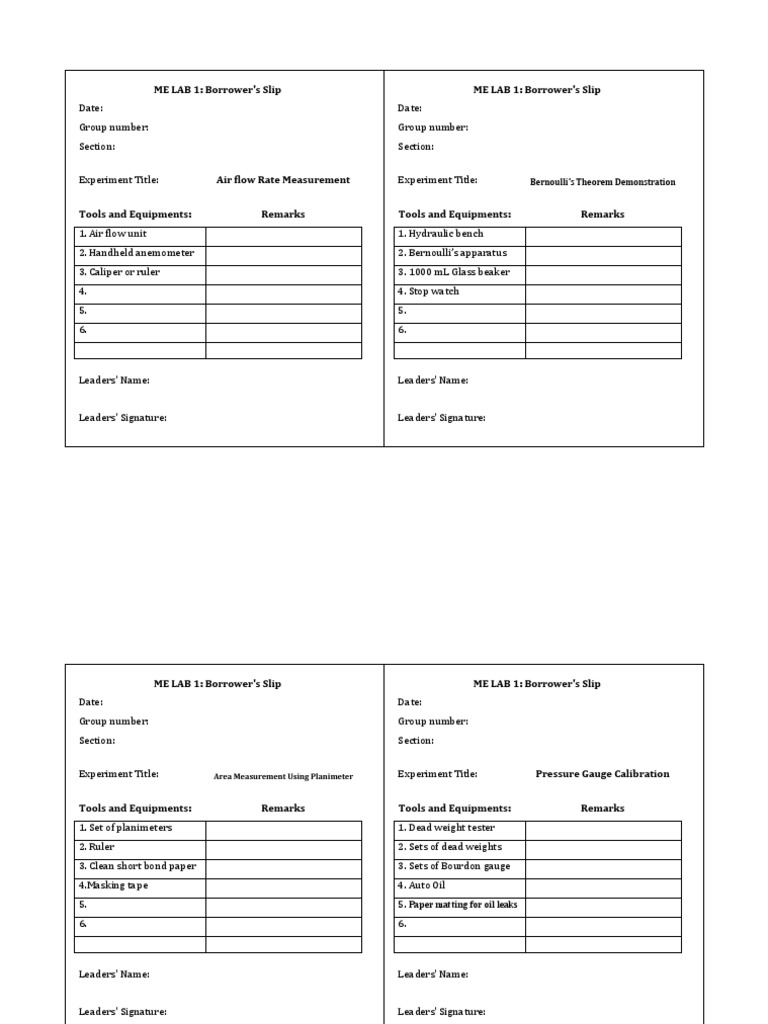 Borrower Slips | Calibration | Continuum Mechanics